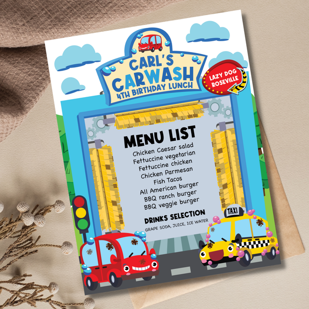 Car Wash Party Food Menu Printable | Pigsy Party – PigsyParty